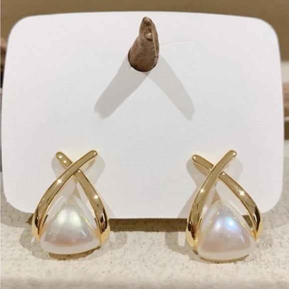 Jewelry | Luxe Statement Pearl Triangle Golden Cross Earrings | Poshmark